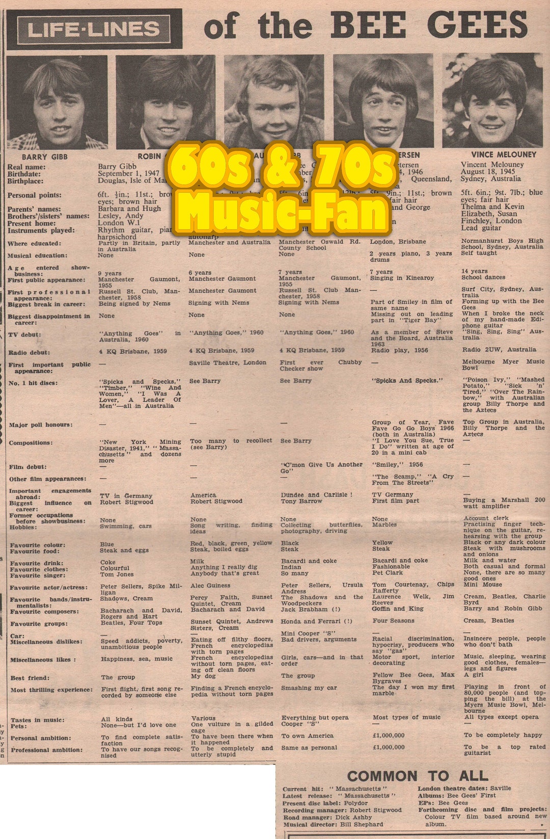 BEE GEES 1967 Original NME Poster Life-lines of the Bee Gees Barry Gibb ...