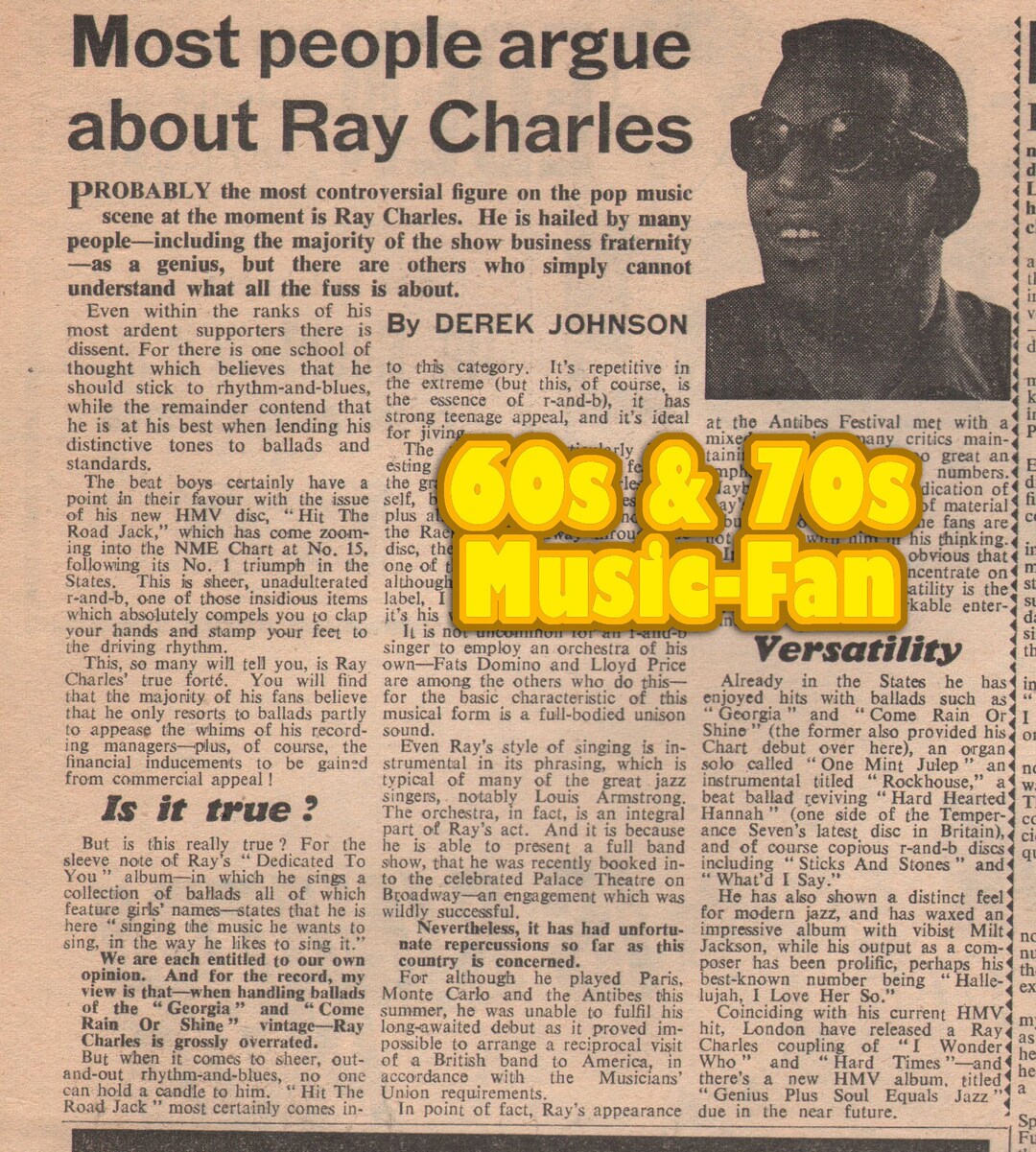 RAY CHARLES 1961 Original NME Clipping Most People Argue About Ray ...
