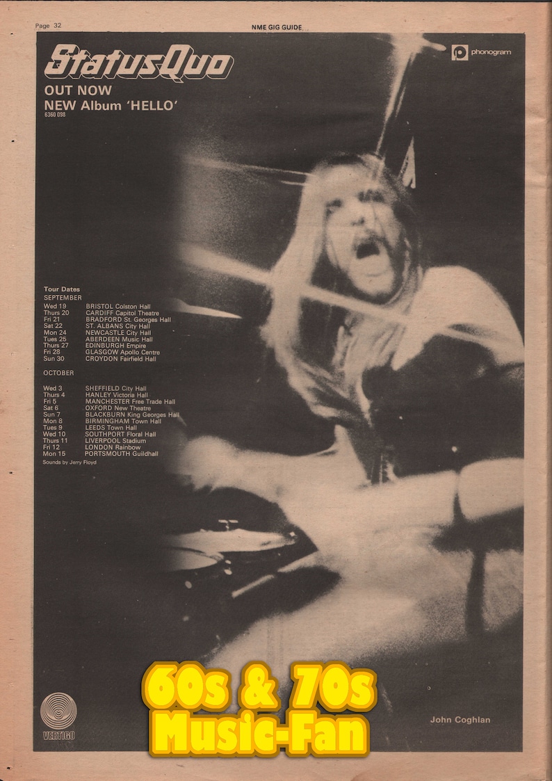 STATUS QUO - 1973 Poster Original NME - Hello / Francis Rossi, Andy ...
