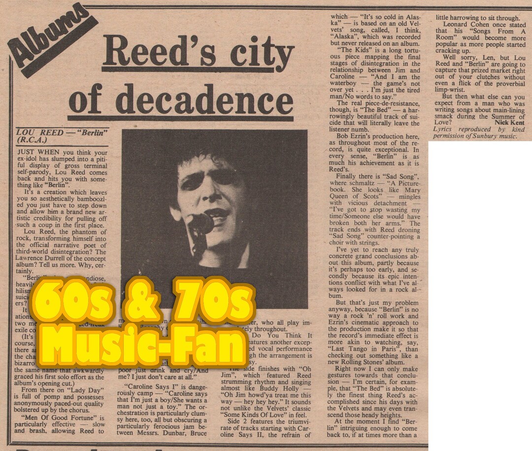 LOU REED 1973 Original NME Clipping Berlin / Reeds City of Decadence - Etsy