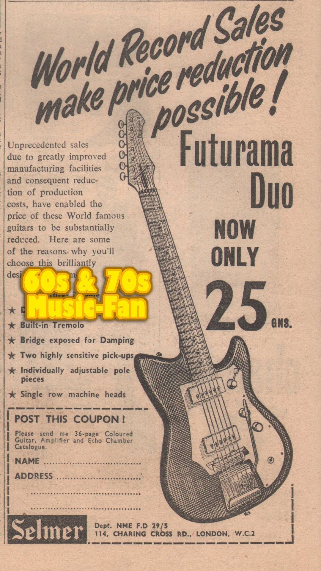 1964 SELMER Guitars / Futurama Duo - Original NME Advertising Clipping ...