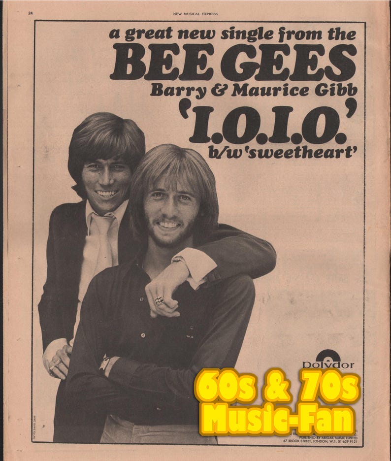 BEE GEES - Poster 1970 Original NME - I.O.I.O. / Sweetheart - Barry ...