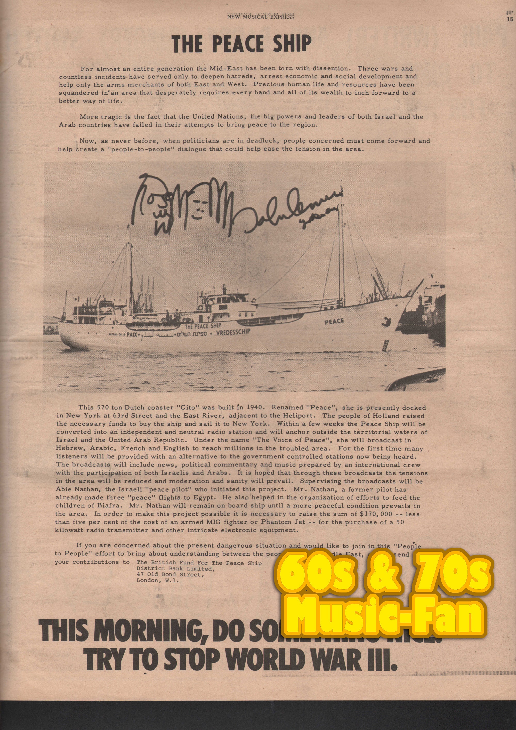 1969 Poster BEATLES John LENNON & Yoko Ono Original NME the Peace Ship ...
