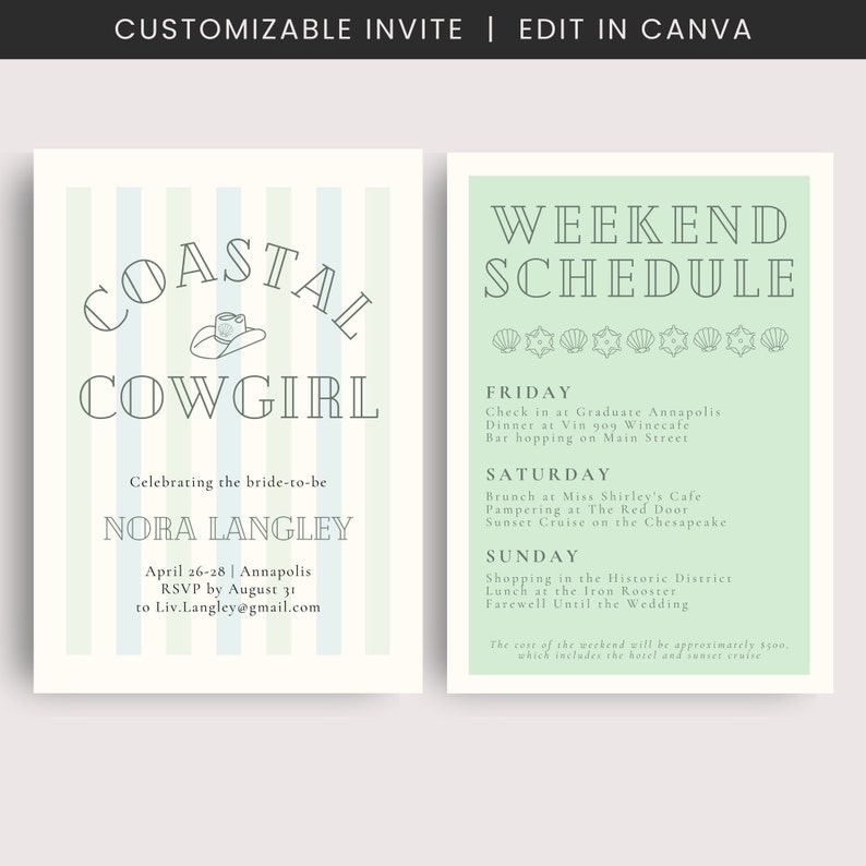 Blue Coastal Cowgirl Bachelorette Invitation and Itinerary | Canva ...