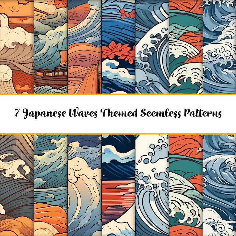 7 Seamless Japanese Wave Themed Patterns for Digital Paper, Clothing ...