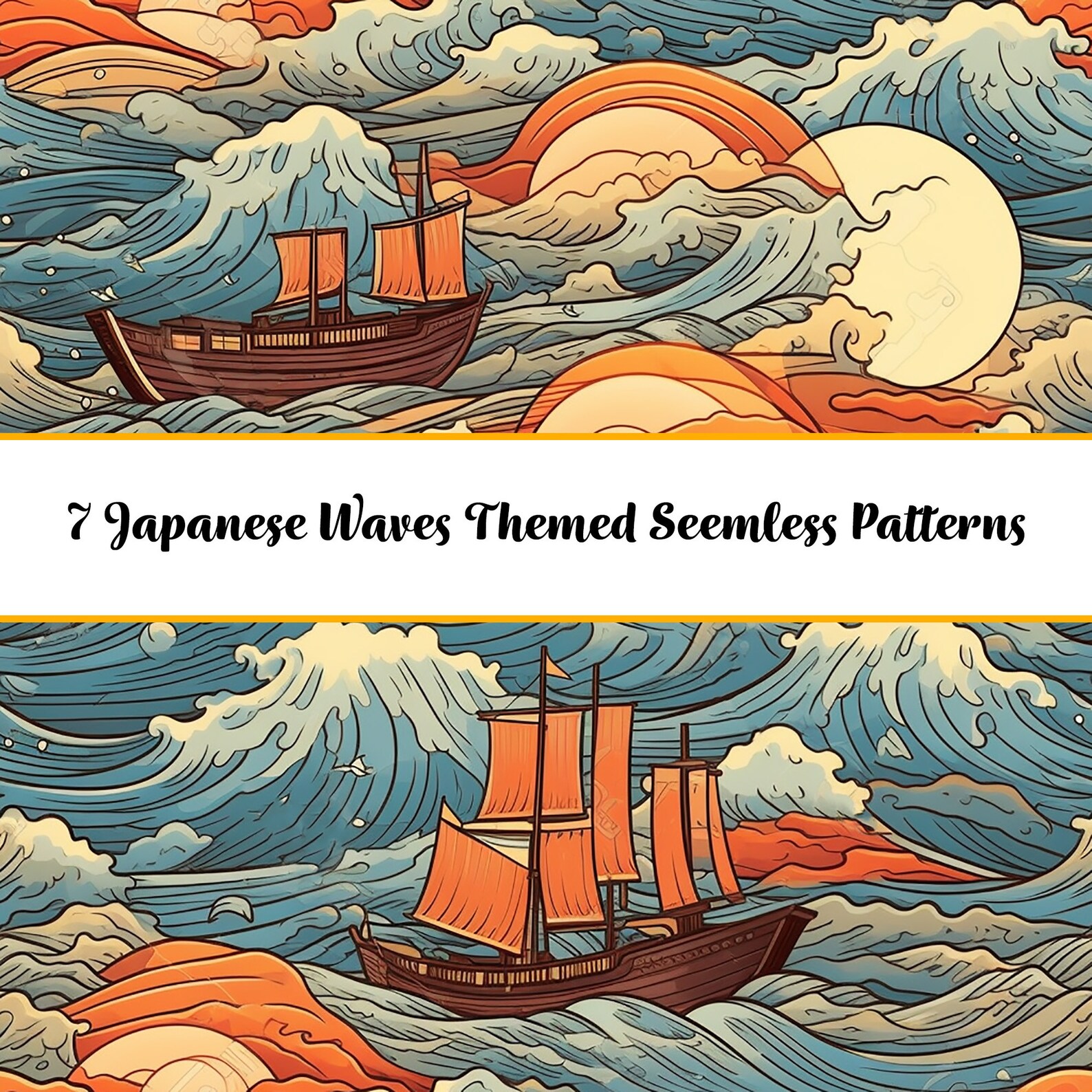 7 Seamless Japanese Wave Themed Patterns for Digital Paper, Clothing ...