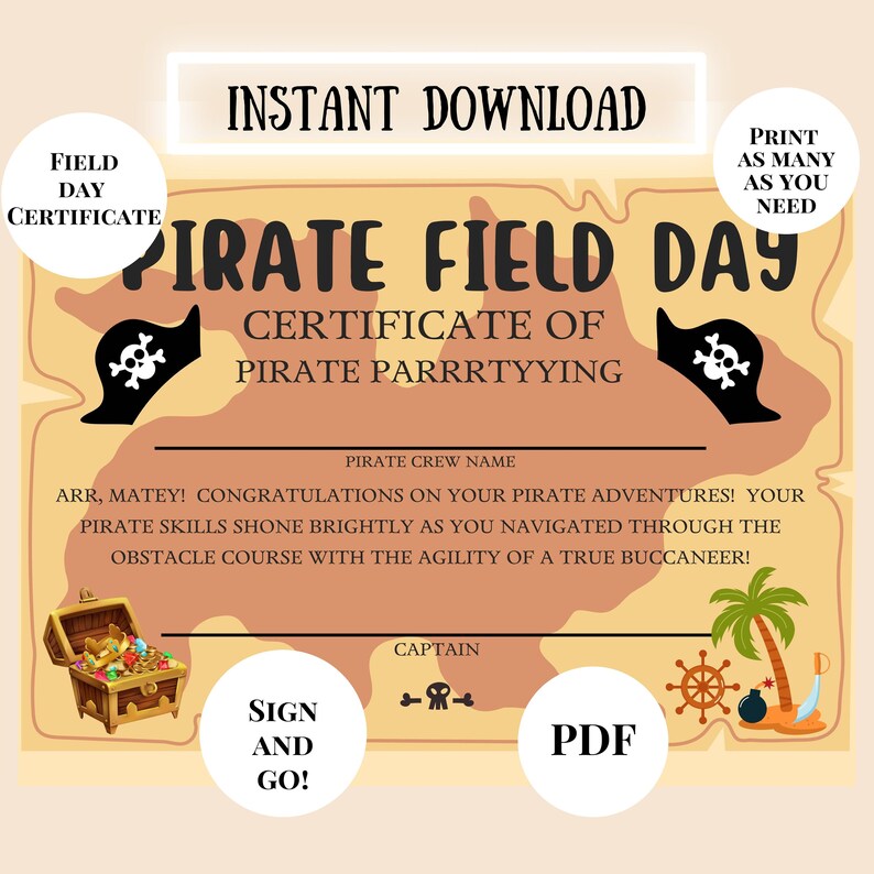 PRINTABLE Pirate Field Day Certificate - PDF Instant Download - Etsy