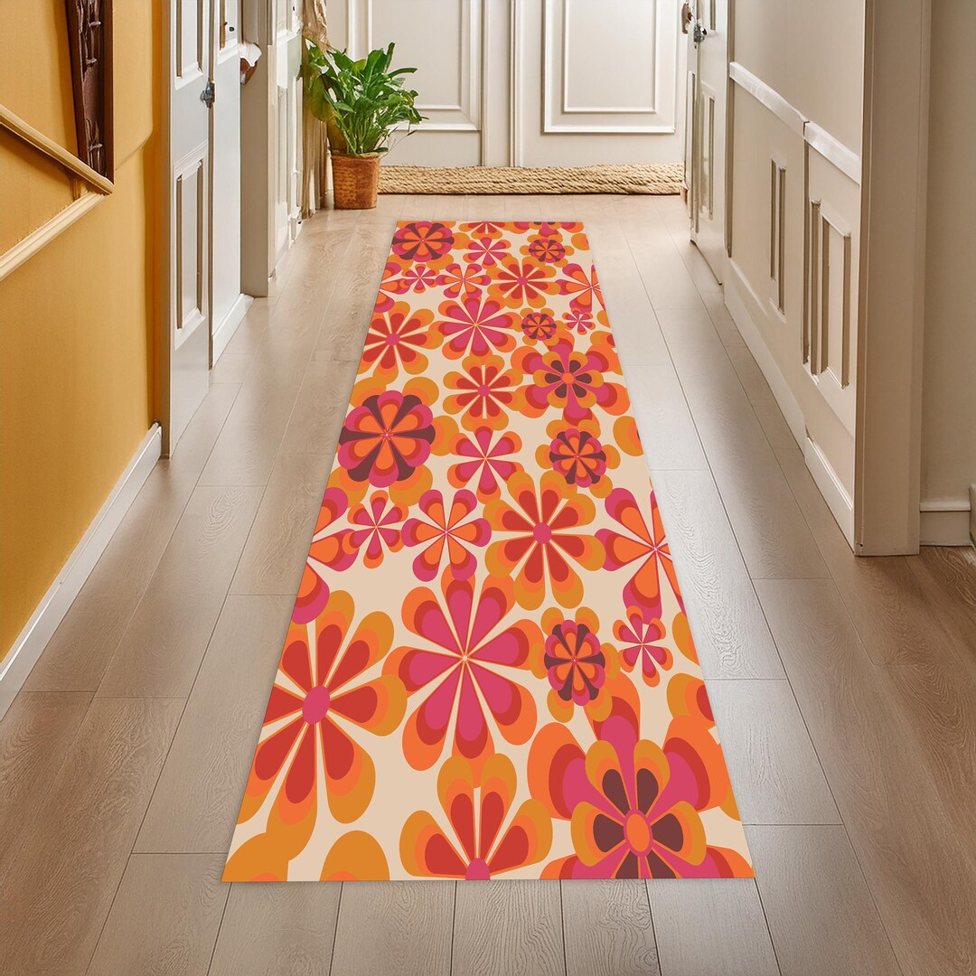 Retro Floral Runner Rug, Flower Pattern Rug, Orange Runner Rug, Retro ...