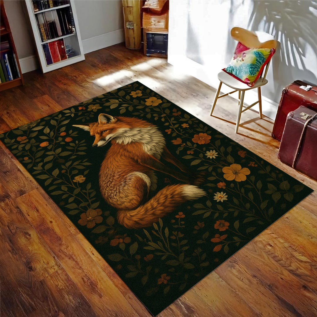 Floral Woodland Fox Rug, Cabincore Indie Aesthetic Decor, Folklore Cute ...