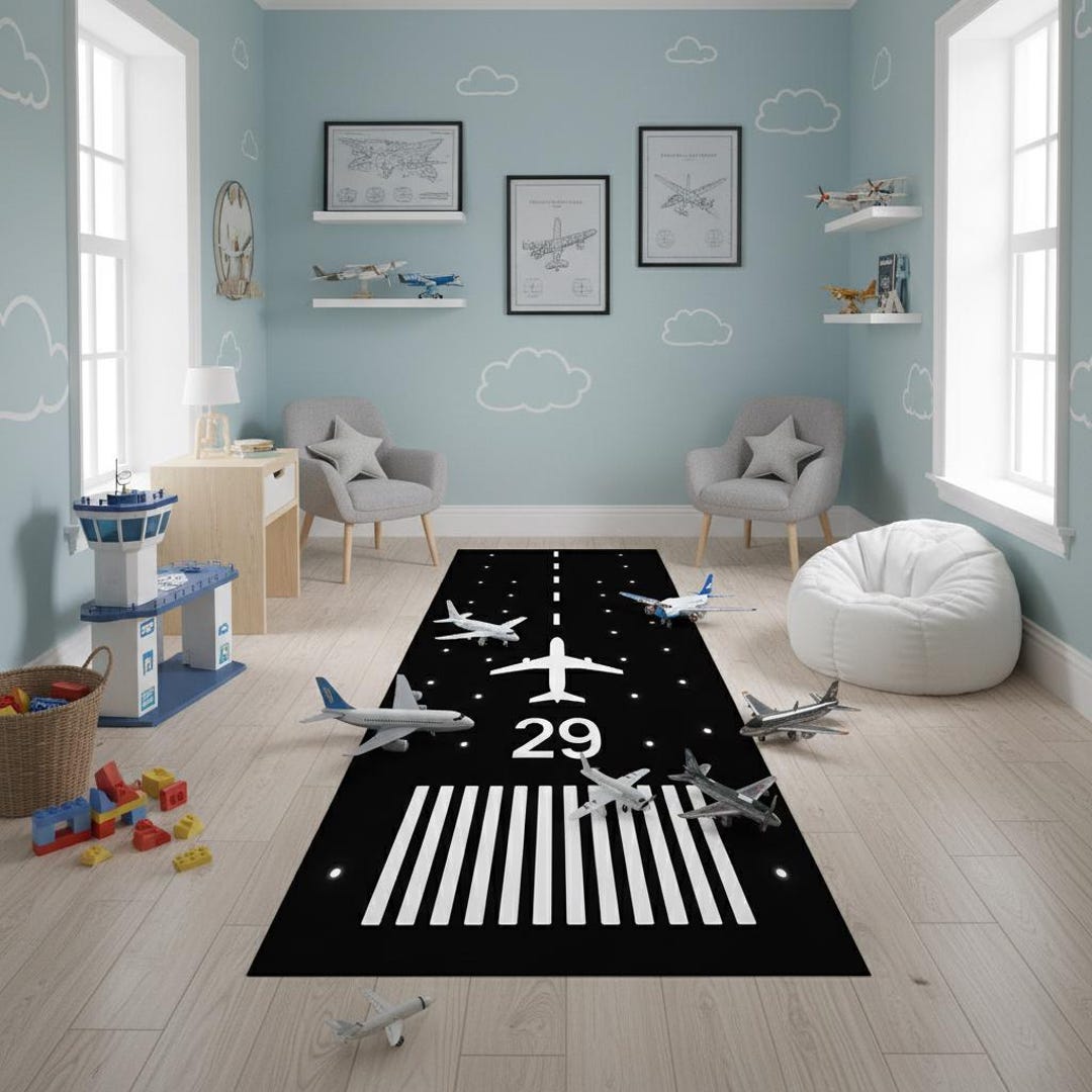 Airplane Runway Rug Runner – Black Glow-inspired Hallway Carpet for ...
