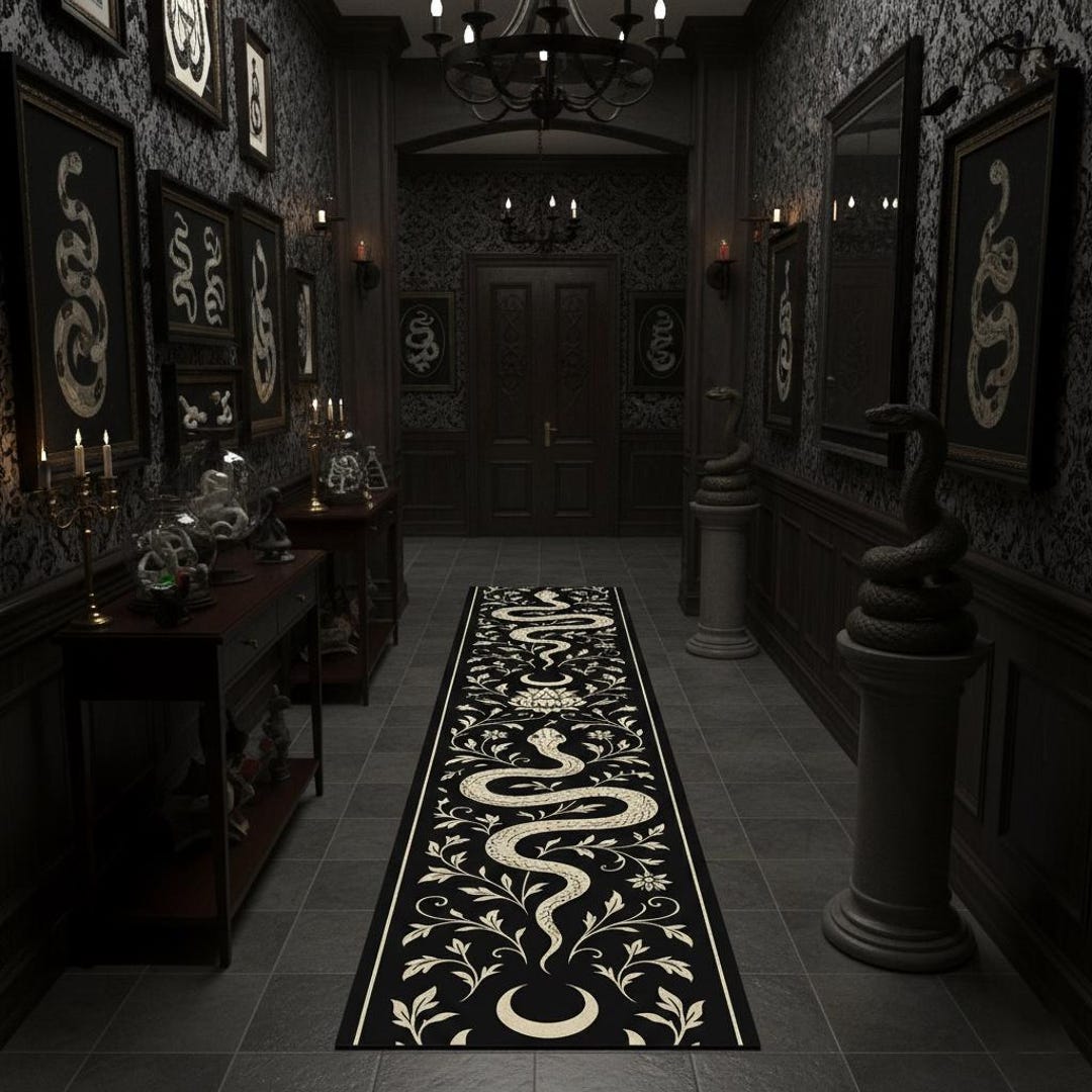 Black Snake Runner Rug – Crescent Moon and Vine Carpet – Gothic Hallway ...