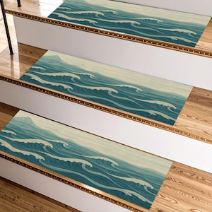 Ocean Wave Stair Treads – Japanese Inspired Coastal Stair Rugs, Teal ...