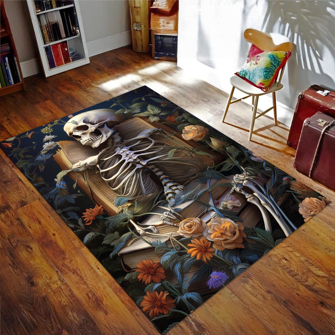 Gothic Floral Skeleton Rug, Floral Skull Art Rug, Dark Elegance Rug ...