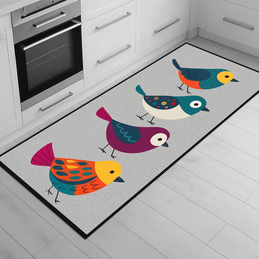 Colorful Bird Kitchen Rug – Cute Cartoon Boho Floor Mat With Non-slip ...