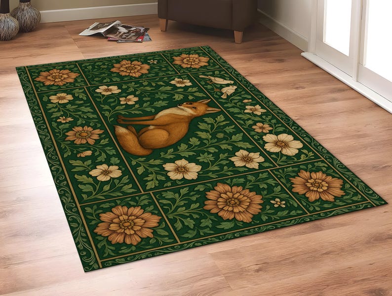 Floral Woodland Fox Rug, Cabincore Indie Aesthetic Decor, Folklore Cute ...