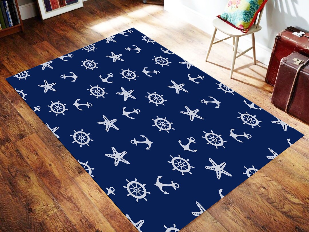 Navy Blue Rug, Nautical Compass Rug, Sail Anchor Rug, Decorative Door ...