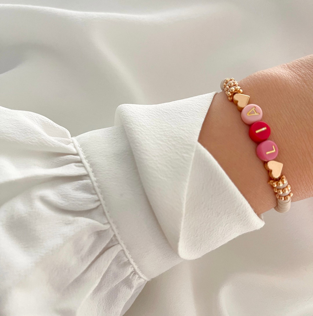 Name Bracelet Bead Bracelet Katsuki Beads Heart Rose Gold Personalized ...