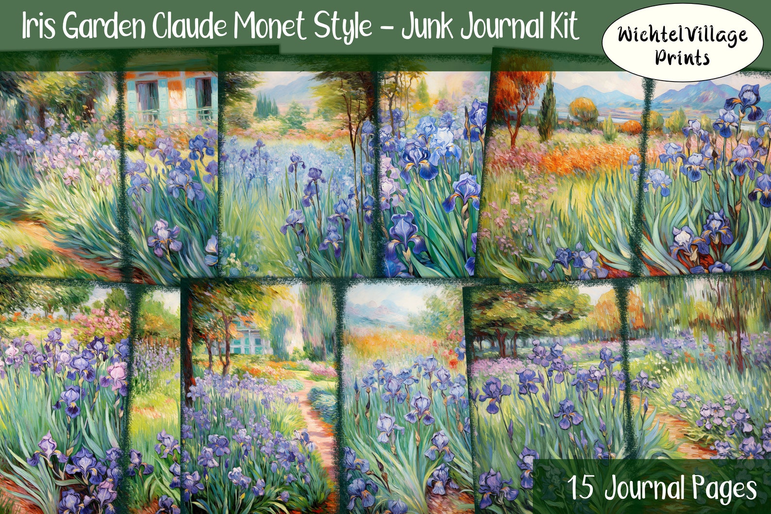 Iris Garden Claude Monet Style - Junk Journal Kit, Collage Sheet ...