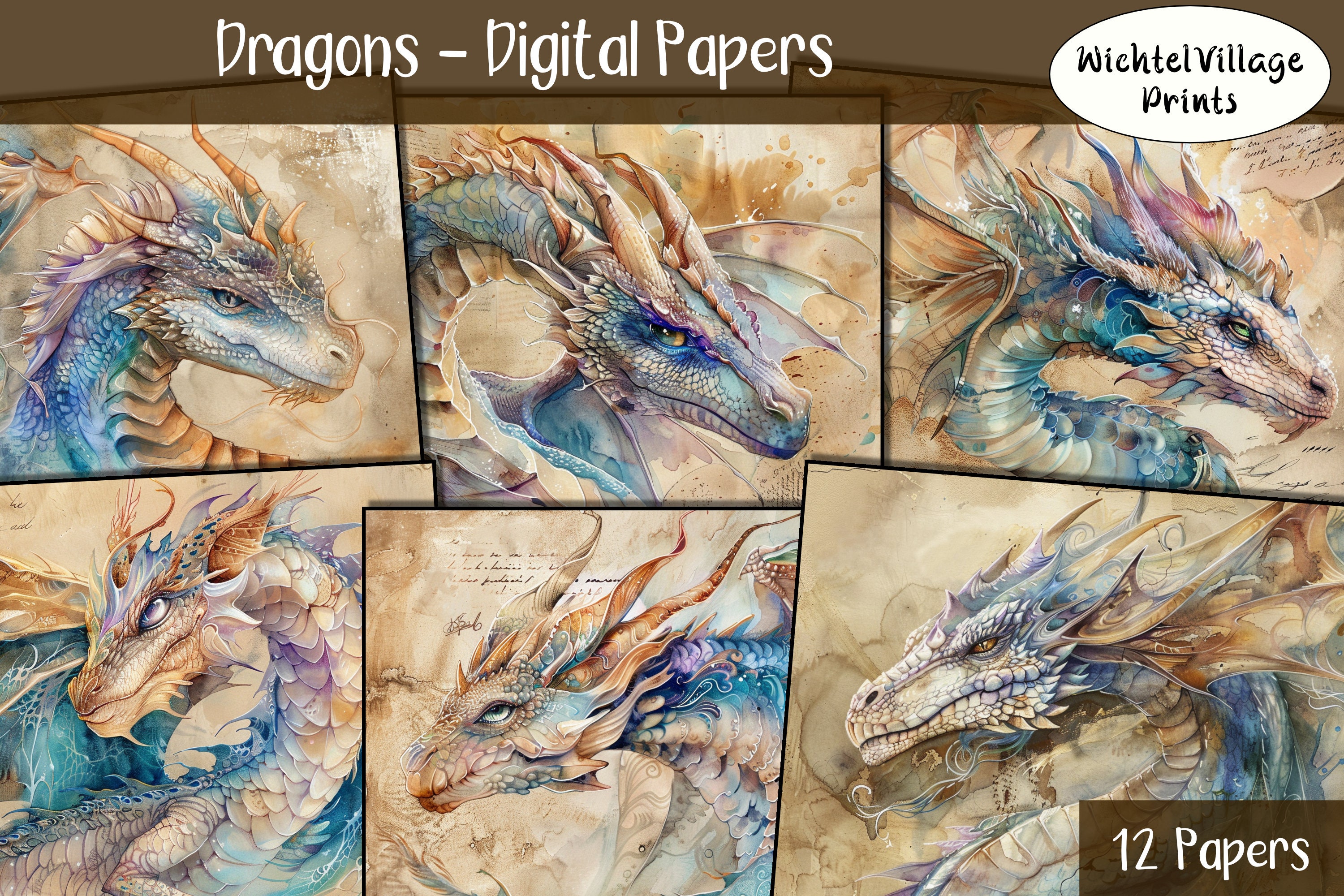Dragons Digital Papers Collage Sheet, Fantasy Kit, Journal Page ...