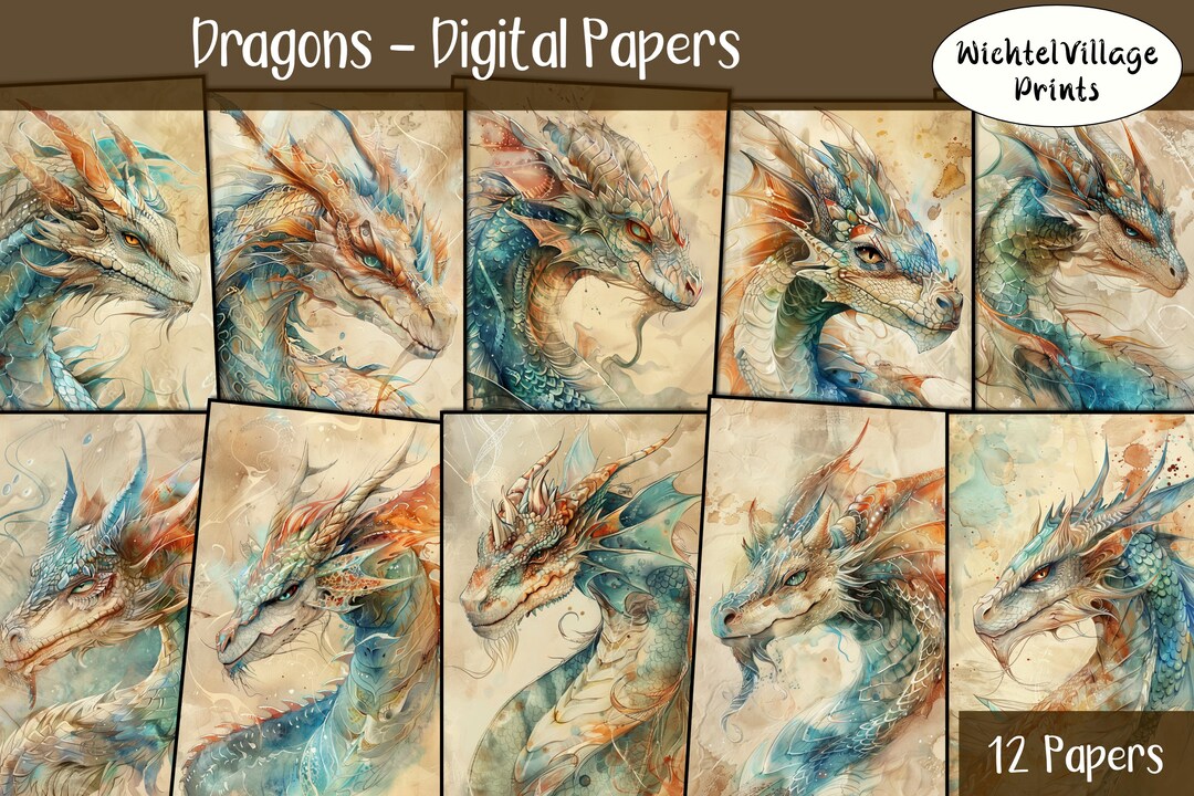 Dragons Digital Papers Collage Sheet, Fantasy Kit, Journal Page ...