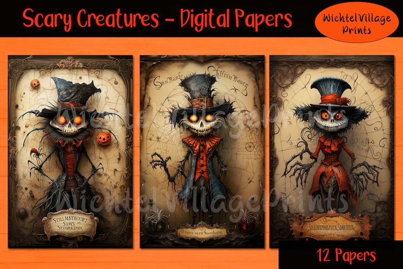 Scary Creatures Digital Papers Collage Sheet, Fantasy Kit, Journal Page ...