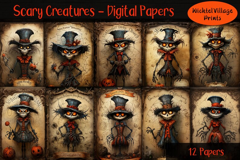 Scary Creatures Digital Papers Collage Sheet, Fantasy Kit, Journal Page ...