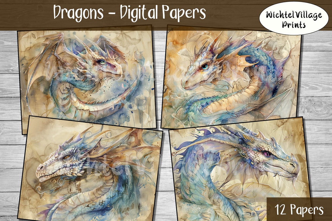 Dragons Digital Papers Collage Sheet, Fantasy Kit, Journal Page ...
