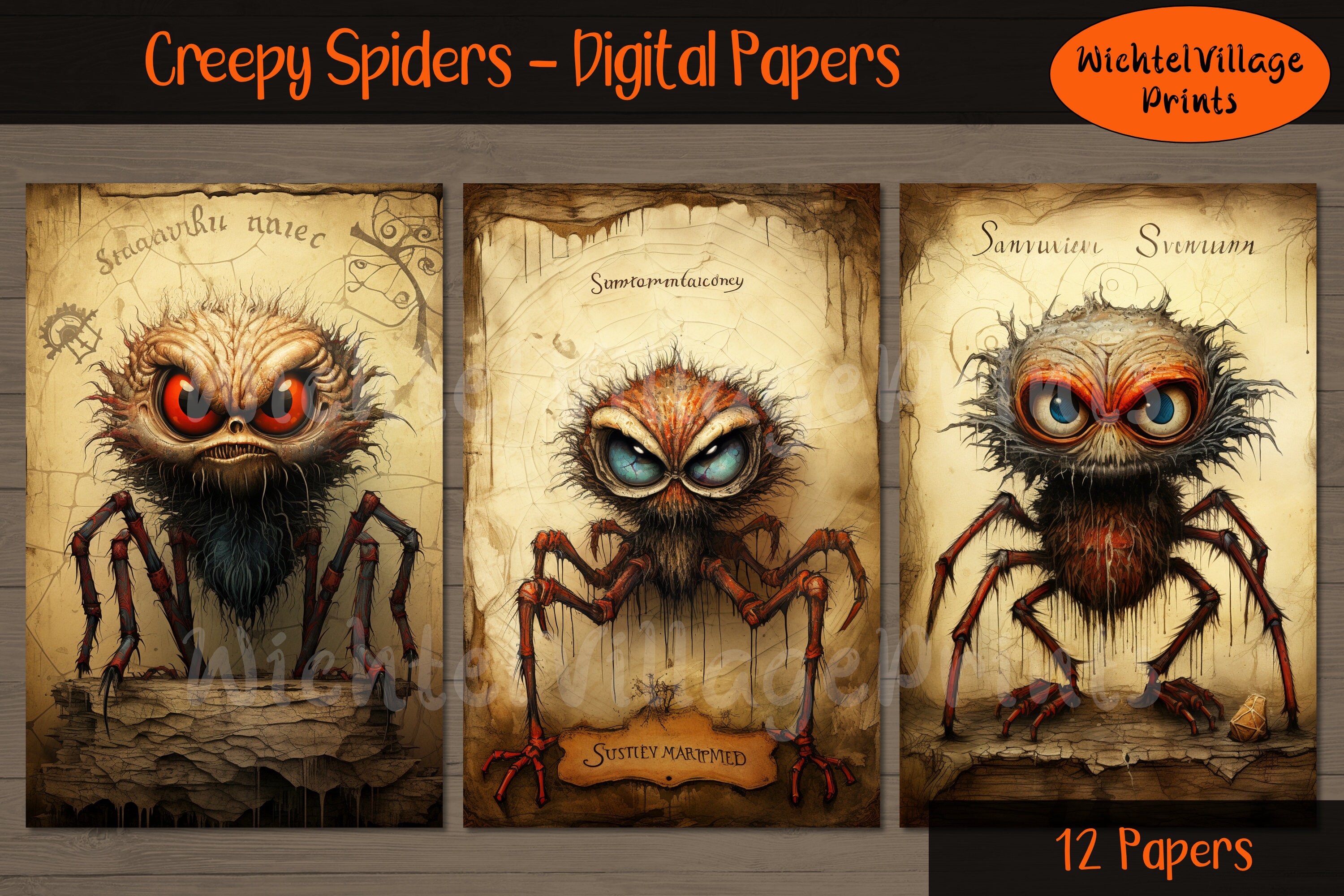 Creepy Spiders Digital Papers Collage Sheet, Fantasy Kit, Journal Page ...