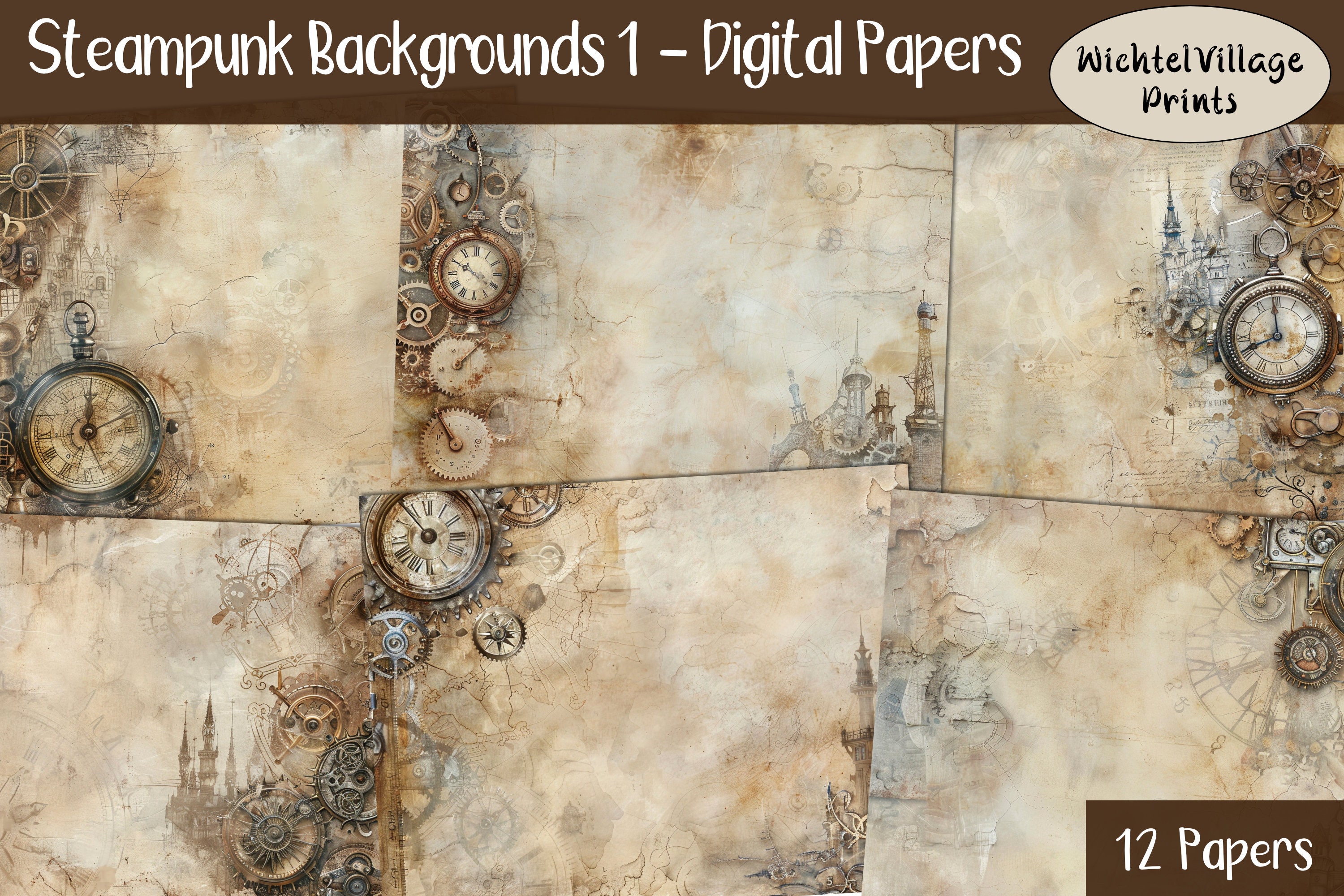 Steampunk Backgrounds 1 - Digital Papers, Collage Sheet, Fantasy Kit ...