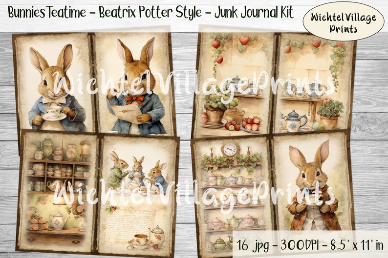 Bunnies Teatime - Beatrix Potter Style - Junk Journal Kit, Collage ...