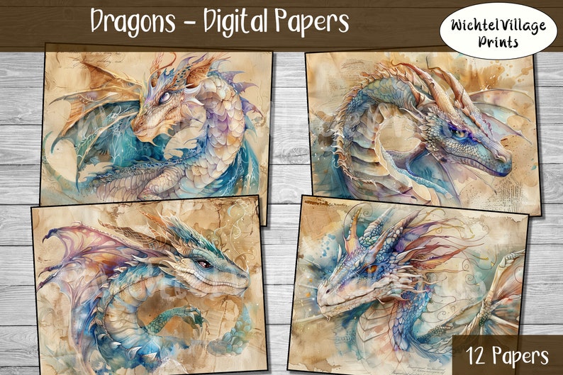 Dragons Digital Papers Collage Sheet, Fantasy Kit, Journal Page ...