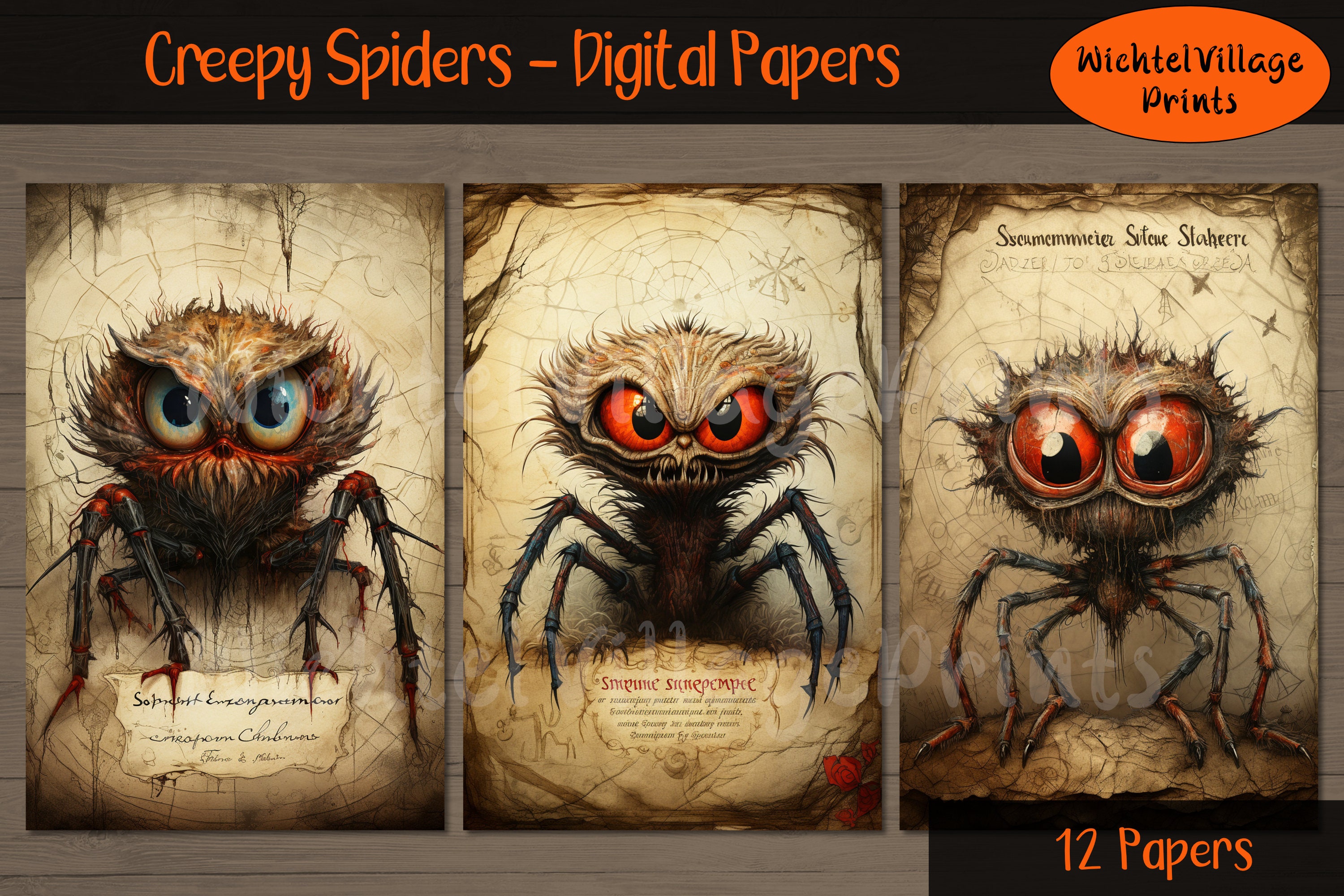 Creepy Spiders Digital Papers Collage Sheet, Fantasy Kit, Journal Page ...