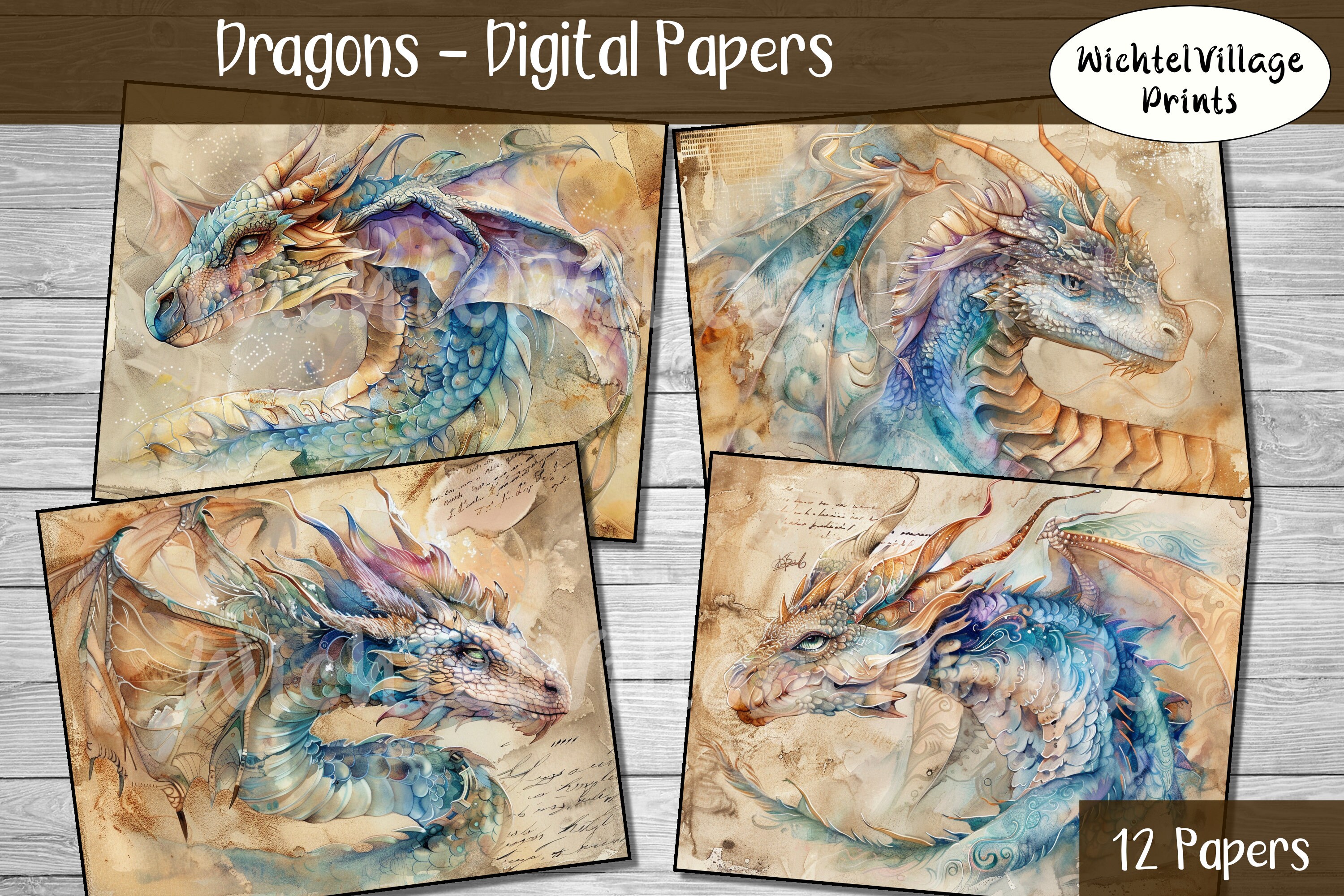 Dragons Digital Papers Collage Sheet, Fantasy Kit, Journal Page ...
