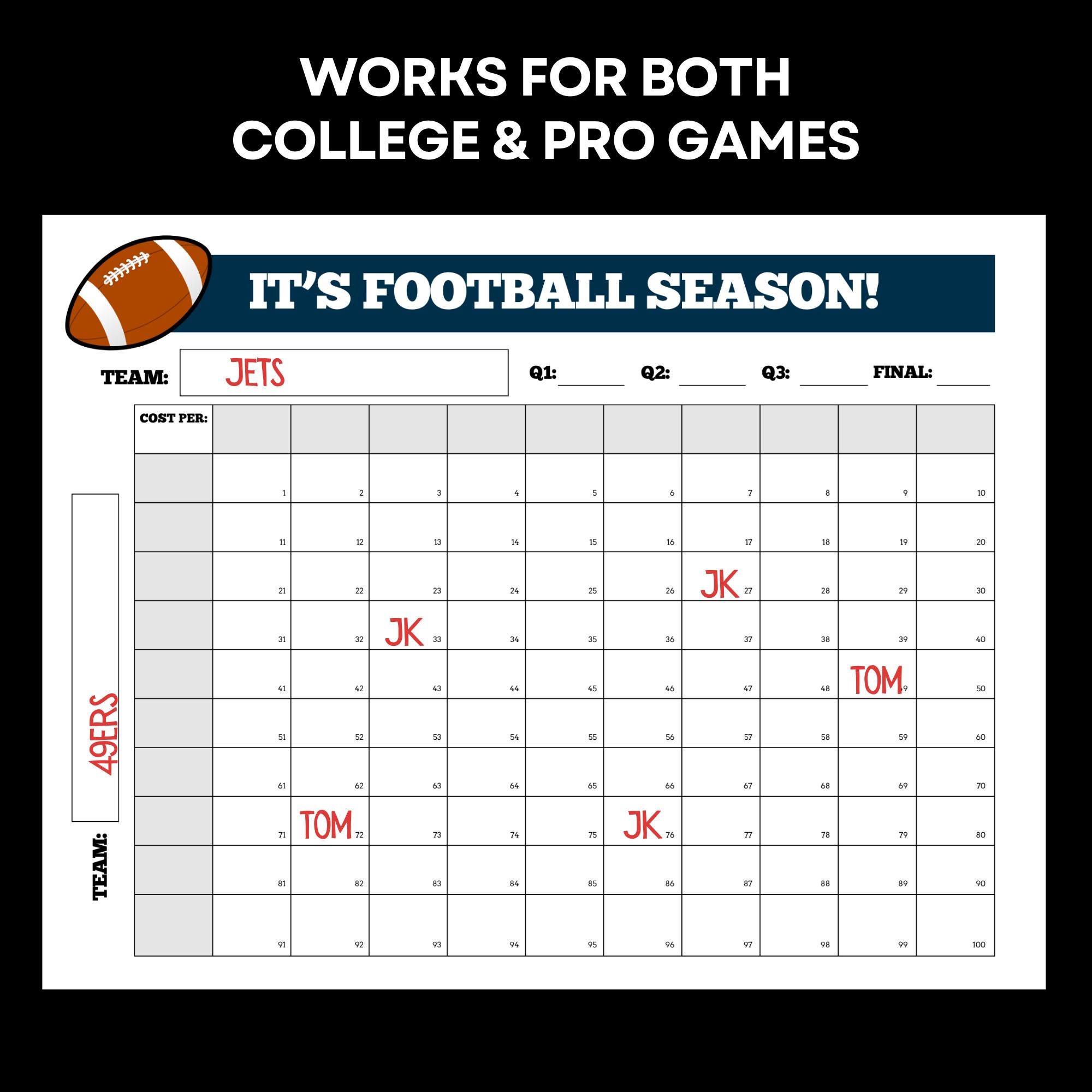 Football Squares Game: 100 Square Grid, Editable Template (printable ...