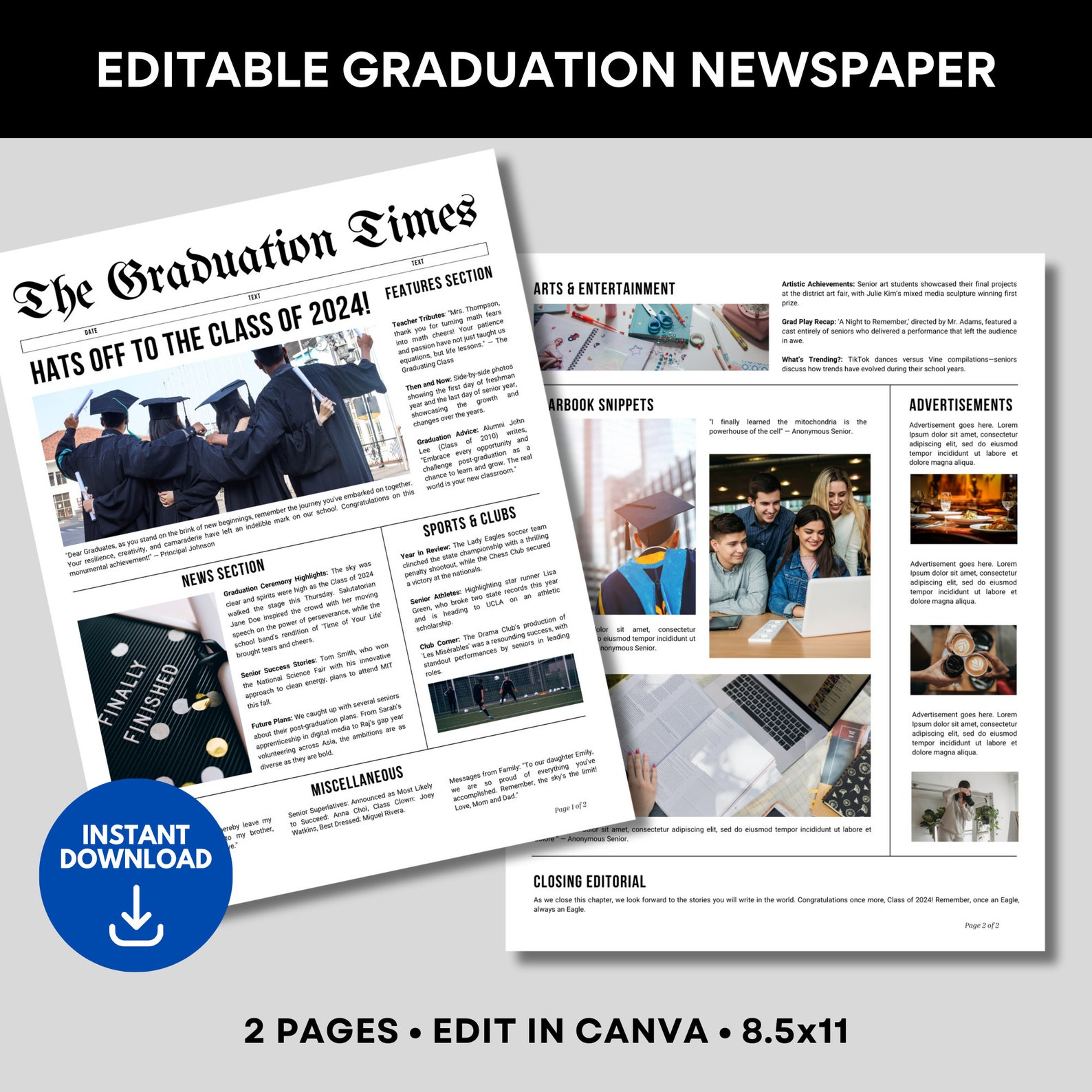 Graduation Newspaper Template, Graduation Gift, Graduation News ...