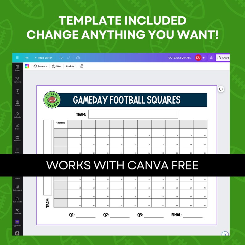 Football Squares Printable, Editable Game Day Template (PDF) - Etsy