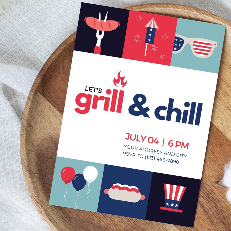 Grill & Chill Invitation – 4th of July BBQ, Editable Canva Template - Etsy