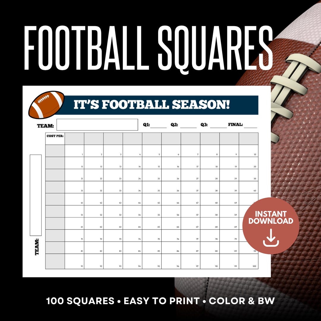 Football Squares Game: 100 Square Grid, Editable Template (printable ...