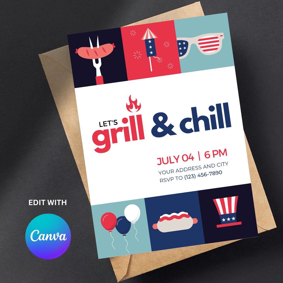 Grill & Chill Invitation – 4th of July BBQ, Editable Canva Template - Etsy