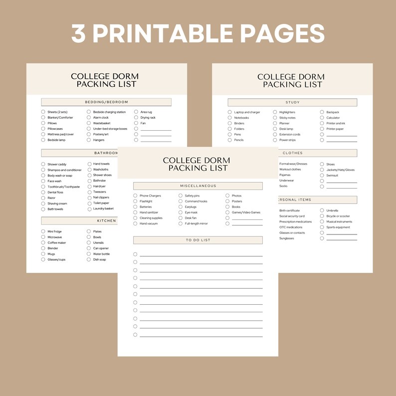 College Dorm Packing Checklist, Move-in Essentials (printable PDF) - Etsy