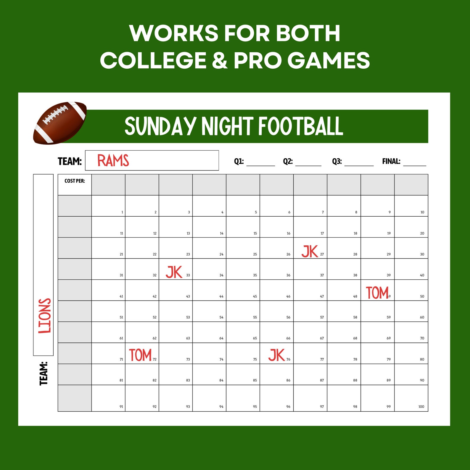 Sunday Football Squares, Pro Football Squares, College Football ...
