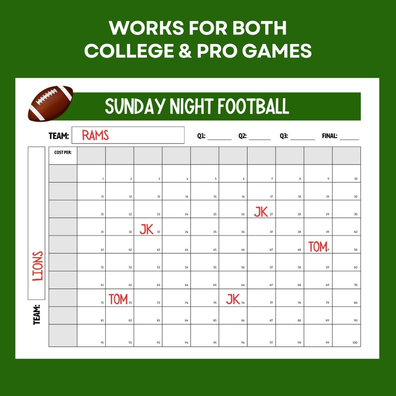 Sunday Night Football Squares, Printable Game (PDF) - Etsy