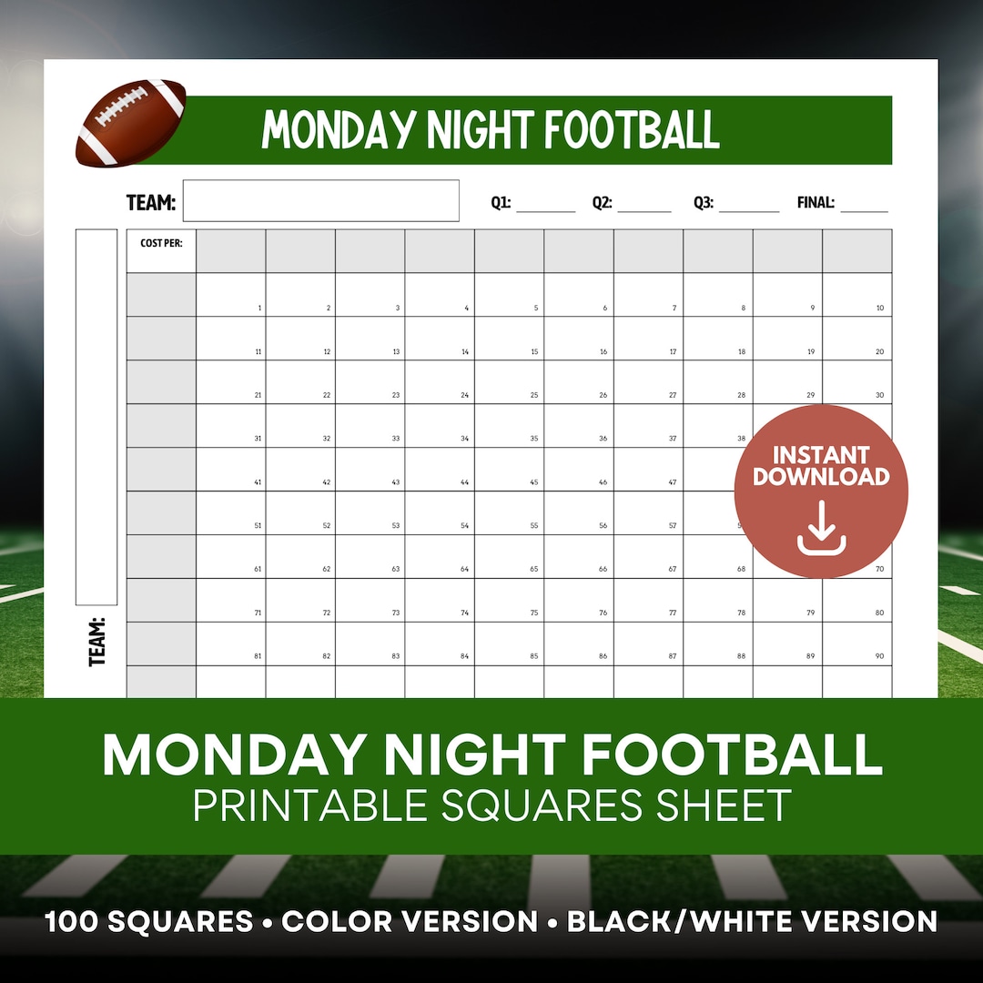 Monday Night Football Squares, Printable Super Bowl Game (PDF) - Etsy