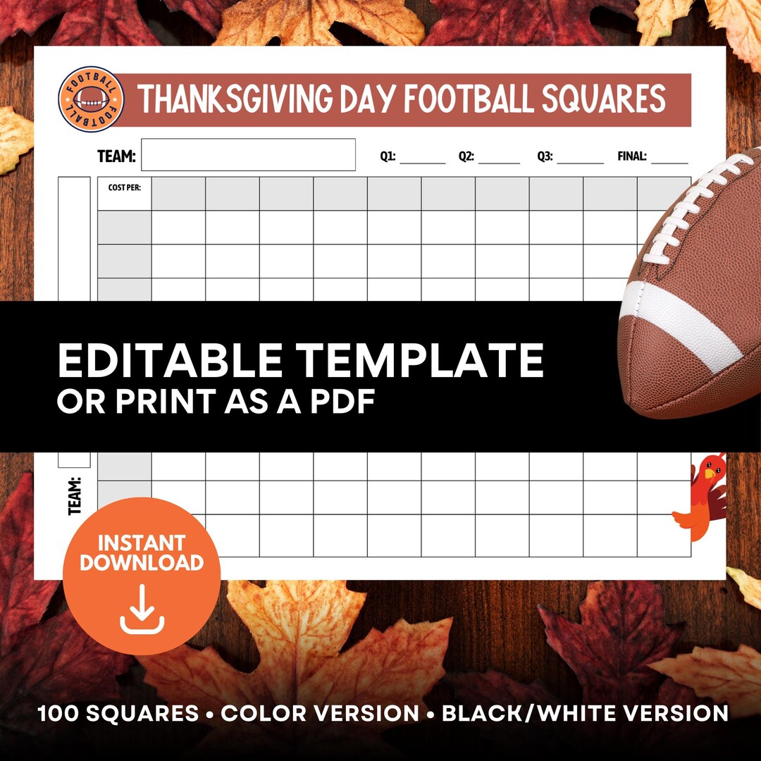 Thanksgiving Day Football Squares, Football Squares Editable ...