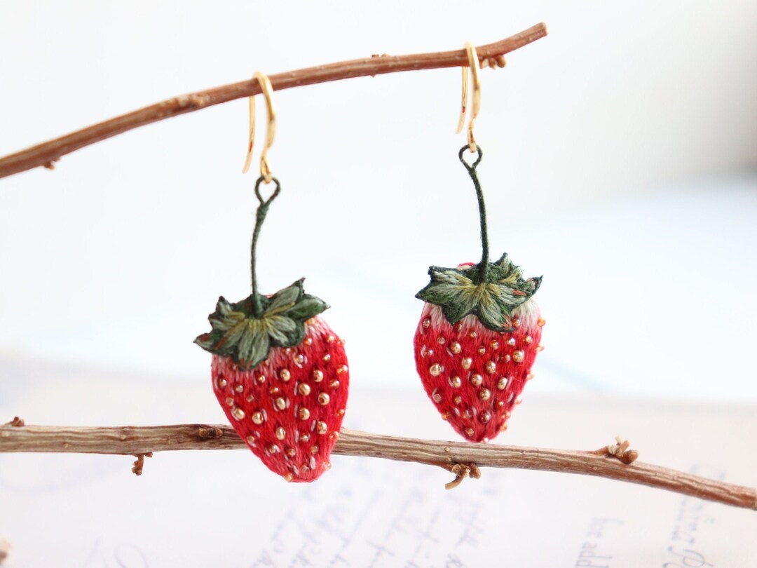 Embroidered Strawberry Earrings, Handmade Beaded Fruit Earrings. - Etsy