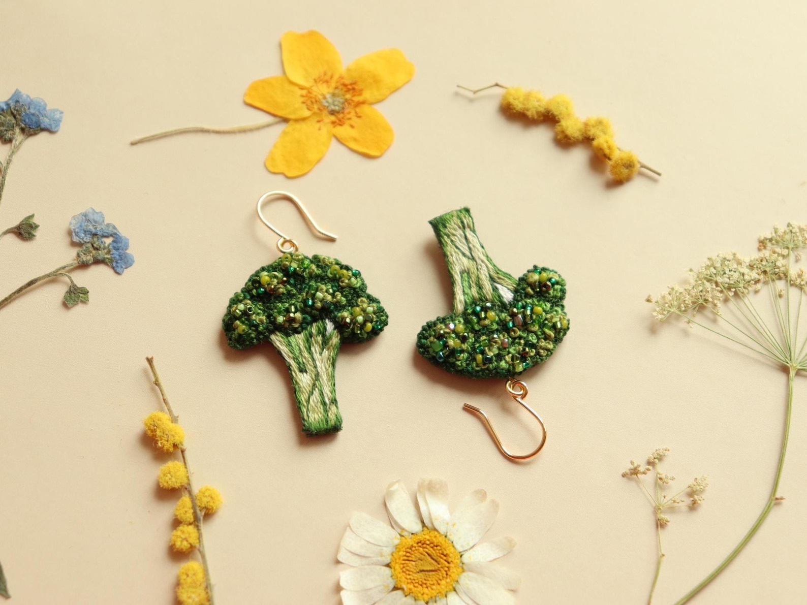 Hand Embroidered Broccoli Vegetable Earrings With Beads, Veggie Jewelry ...