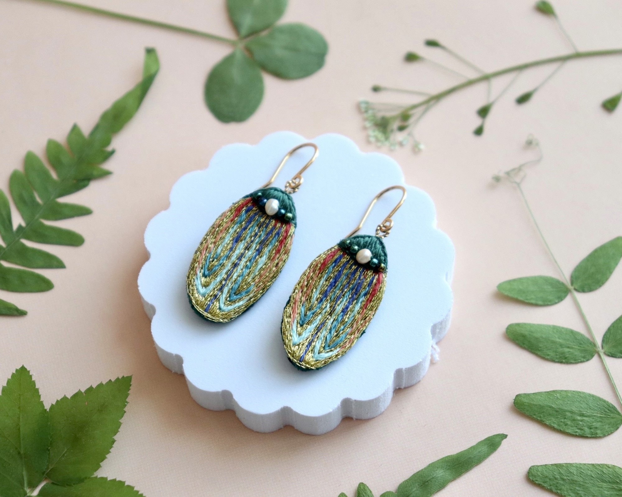 Beaded Embroidery Beetle Bug Earrings, Gold and Dangle Insect Earrings ...