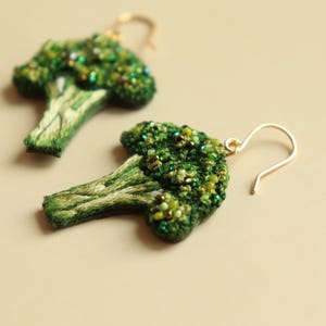 Hand Embroidered Broccoli Vegetable Earrings With Beads, Veggie Jewelry ...