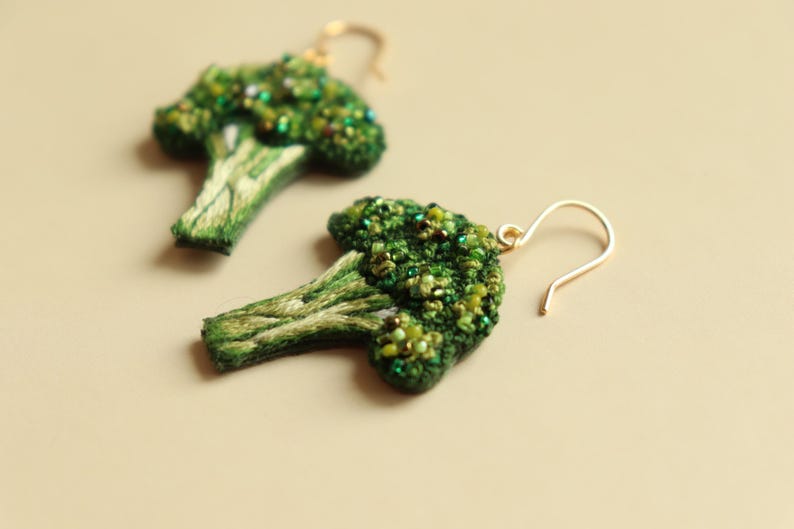 Hand Embroidered Broccoli Vegetable Earrings With Beads, Veggie Jewelry ...