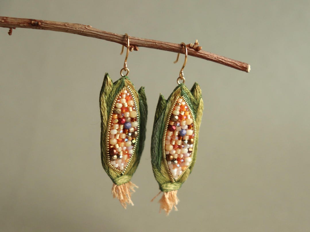 Dangle Cute Hand Embroidered Corn Earrings, Vegetable Jewelry With ...